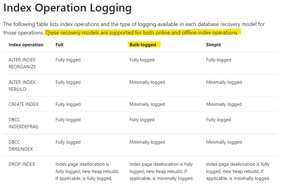 online index rebuild in the bulk logged recovery model - Microsoft Q&A