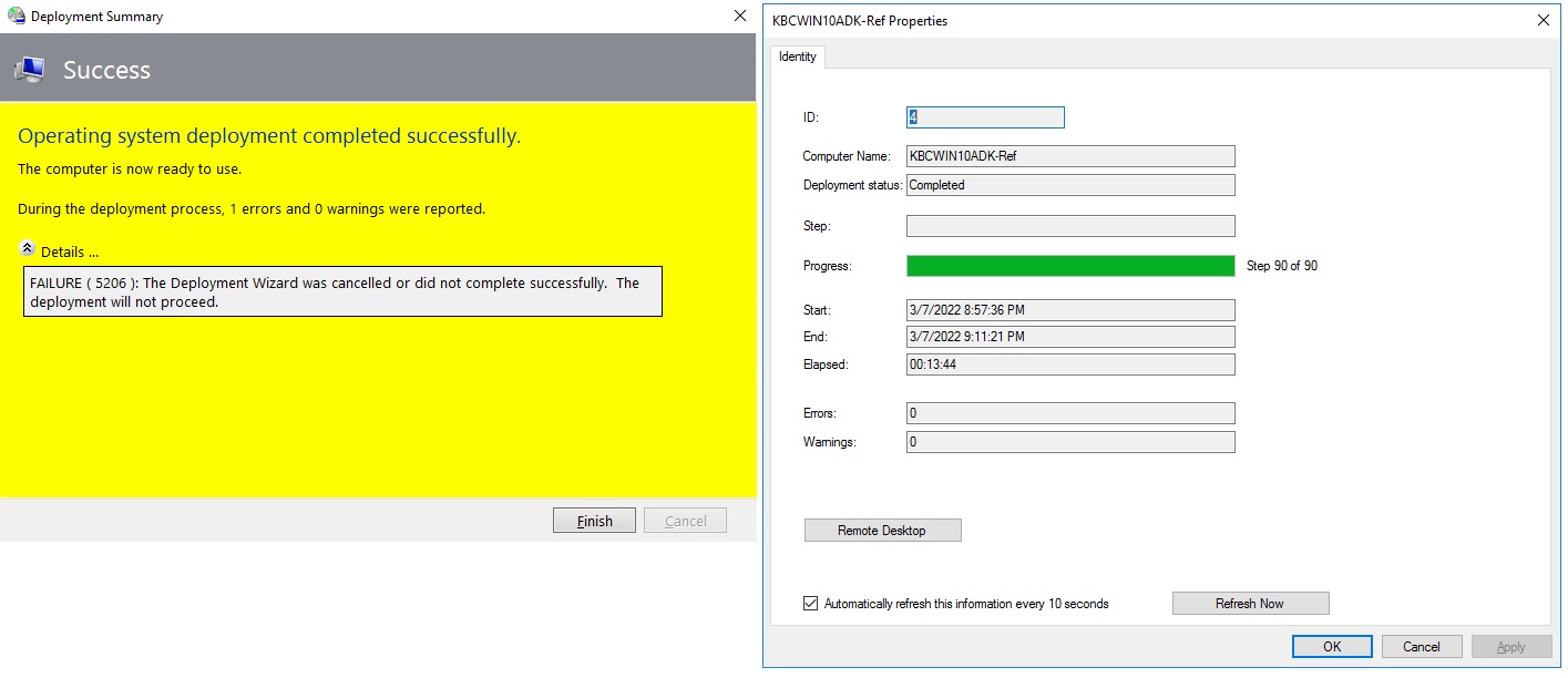 Deployment Wizard cancelled on the PC, Monitoring on the Server reports ...