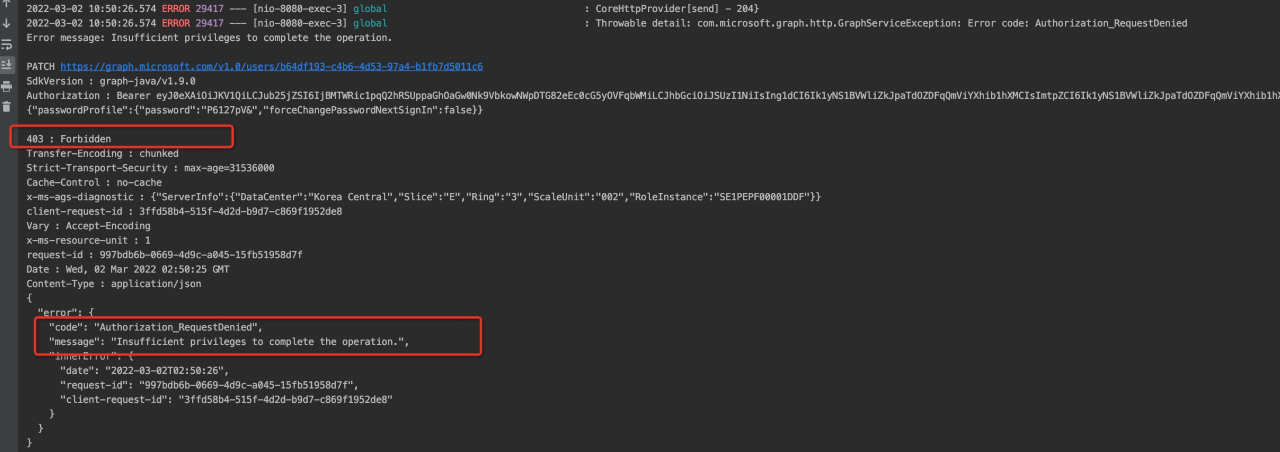 调用api重置用户密码后台提示403。其他接口没问题 - Microsoft Q&A