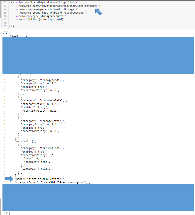 Getting Sub Diagnostic Settings For Azure Storage Blob Table Using Azure Cli Az