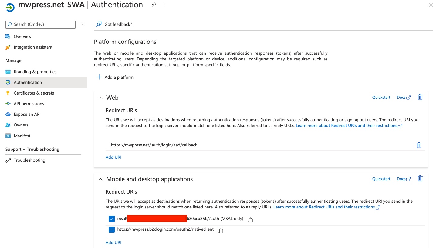 401 Unauthorized Cant Load Azure Static Web Apps Pages Using Ad B2c Bearer Auth Access