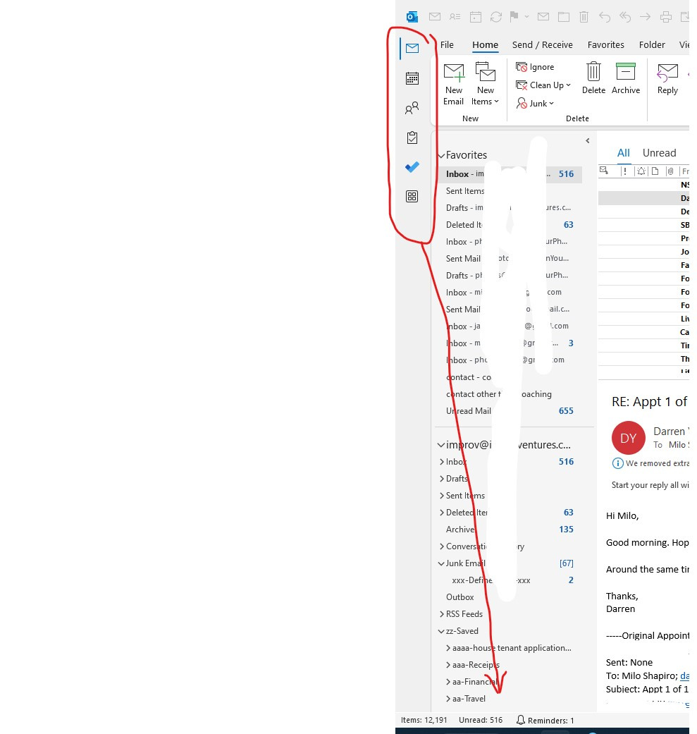 Outlook icons for getting to mail, calendar, etc moved from bottom to ...