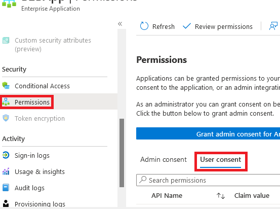 Enterprise applications review consent for a user / Review what consent ...