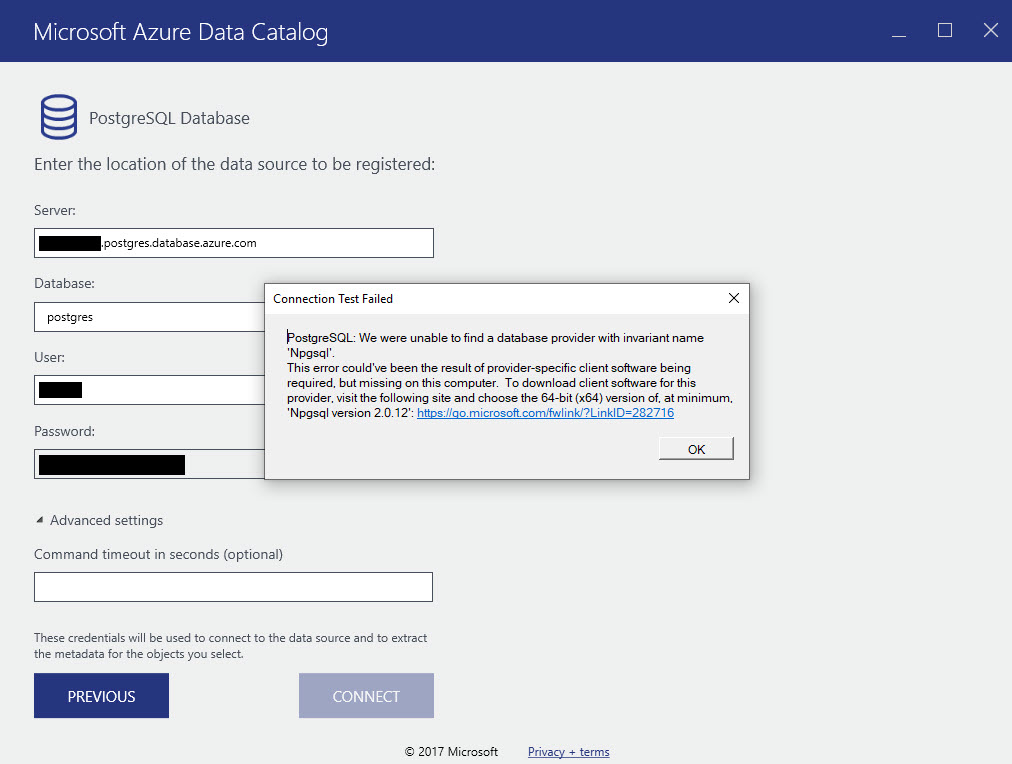 Cannot Connect Azure Data Catalog To Azure Database For Postgresql 8283