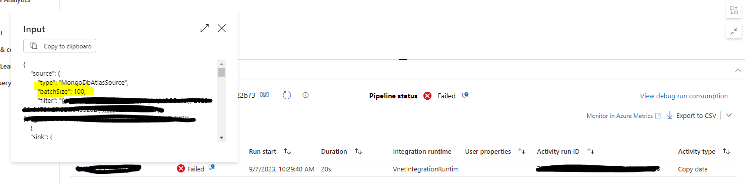 ADF MongoAtlas Source side error when batch size existed - Microsoft Q&A