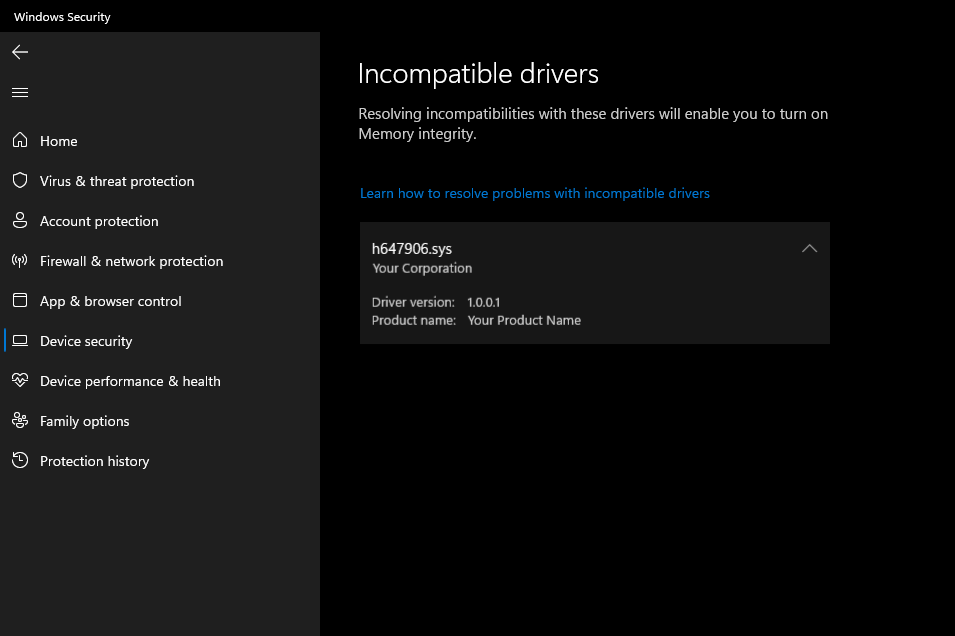 I cannot turn on Memory Integrity because of incompatible driver named ...