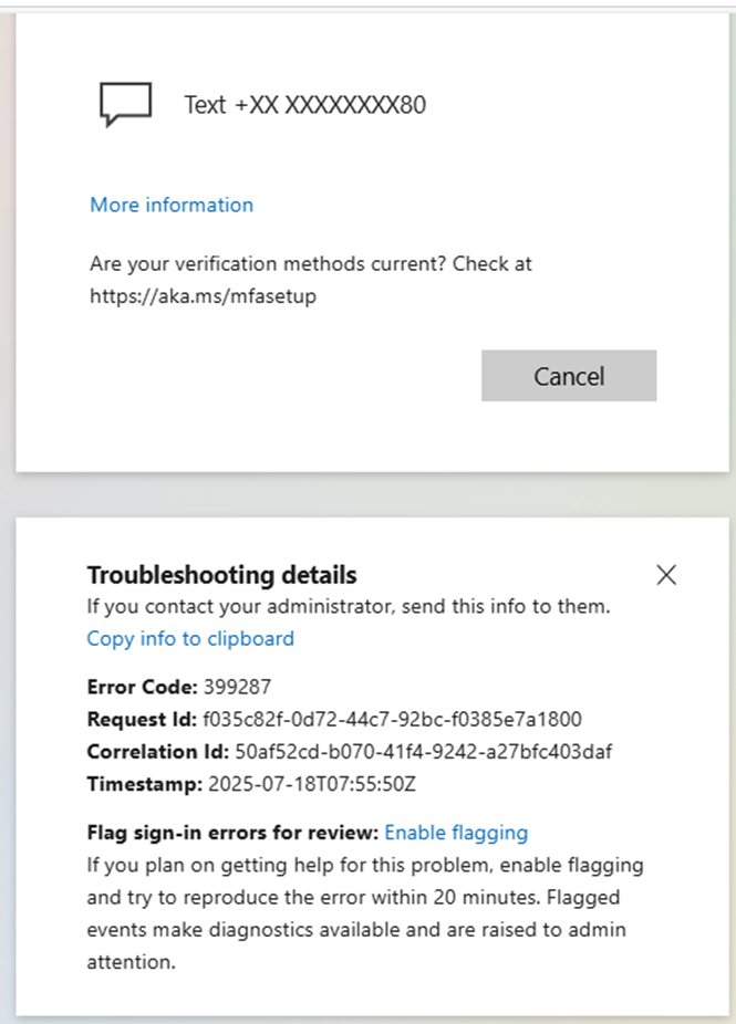 Issue with SMS authentication (Error Code: 399287) - Microsoft Q&A
