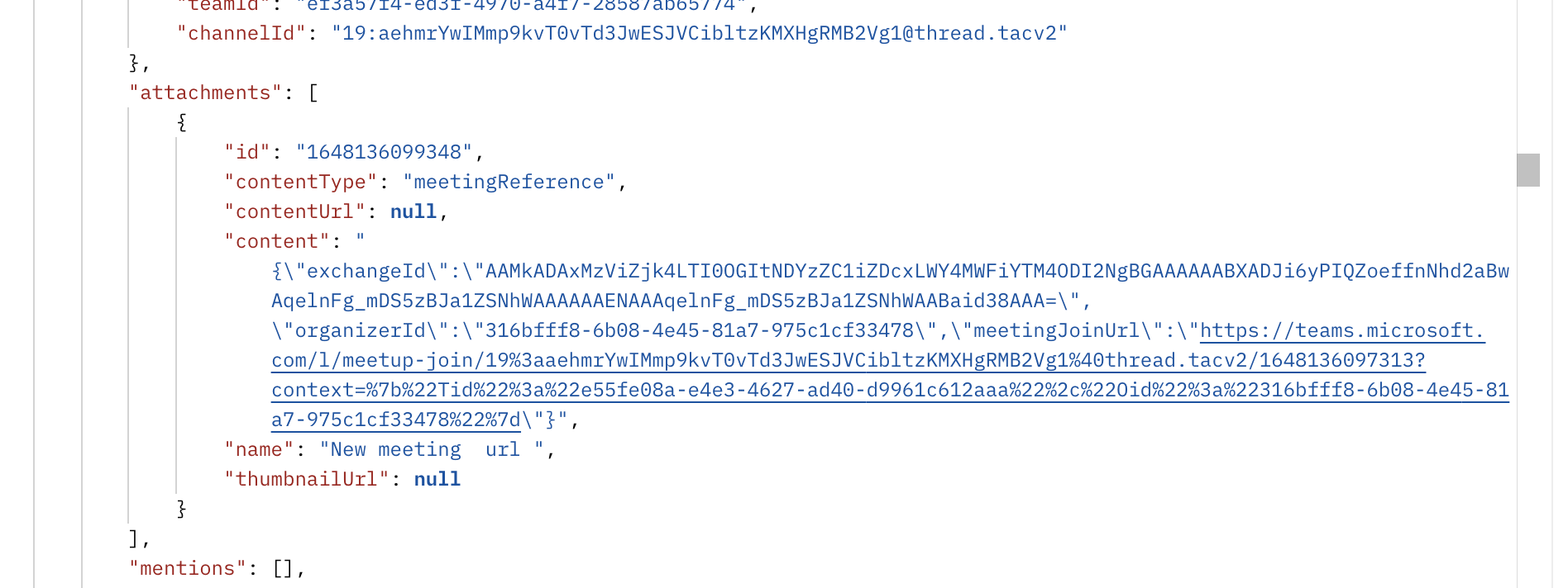 Create a channel message with attachments type "meeting reference" by ...