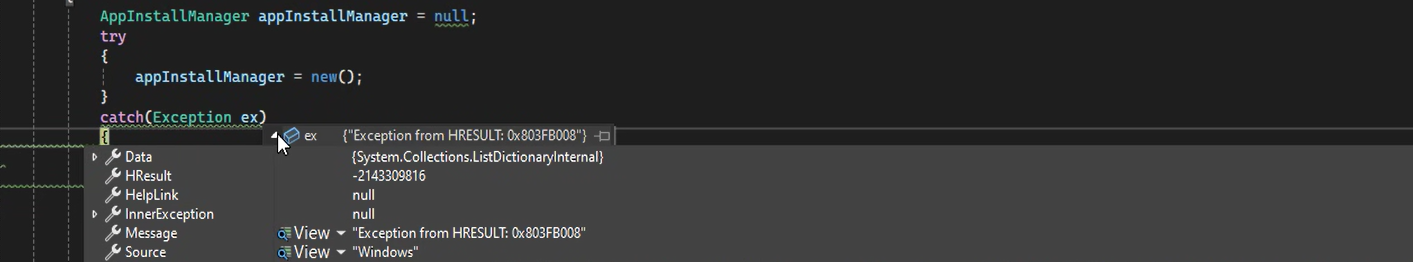 An exception is given when trying to instanciate AppInstallManager ... An exception is given when trying to instanciate AppInstallManager ...
