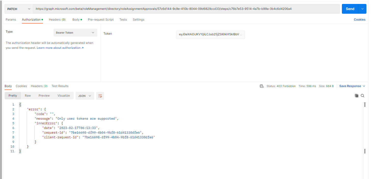 I am not able to approve my Azure active directory (PIM) pending request programmatically ...