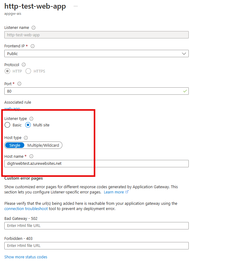 Application Gateway listener type and Host type not support Azure Web ...