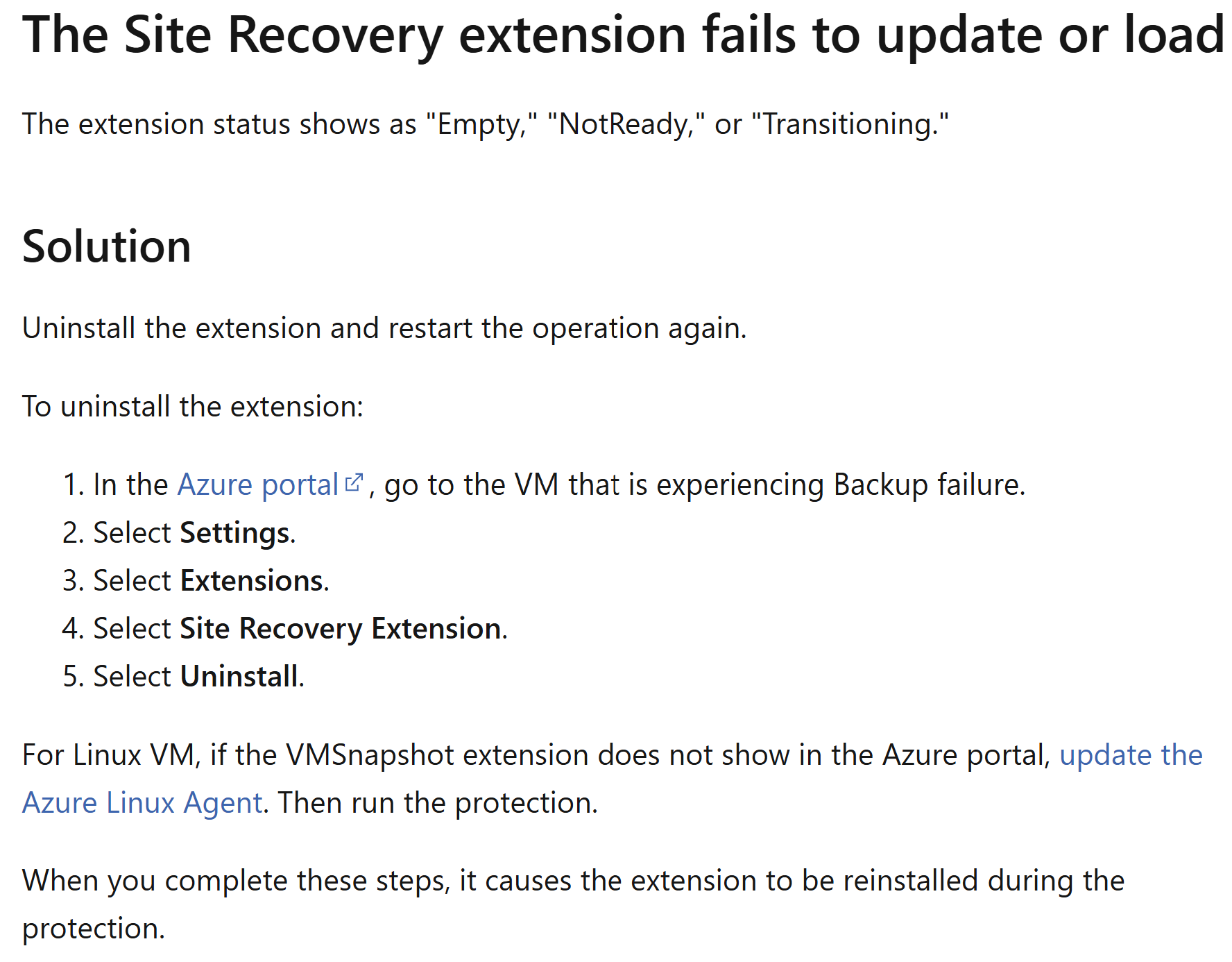 The Siterecovery Windows Azure Vm Extension Failed With Status Stuck In Transitioning
