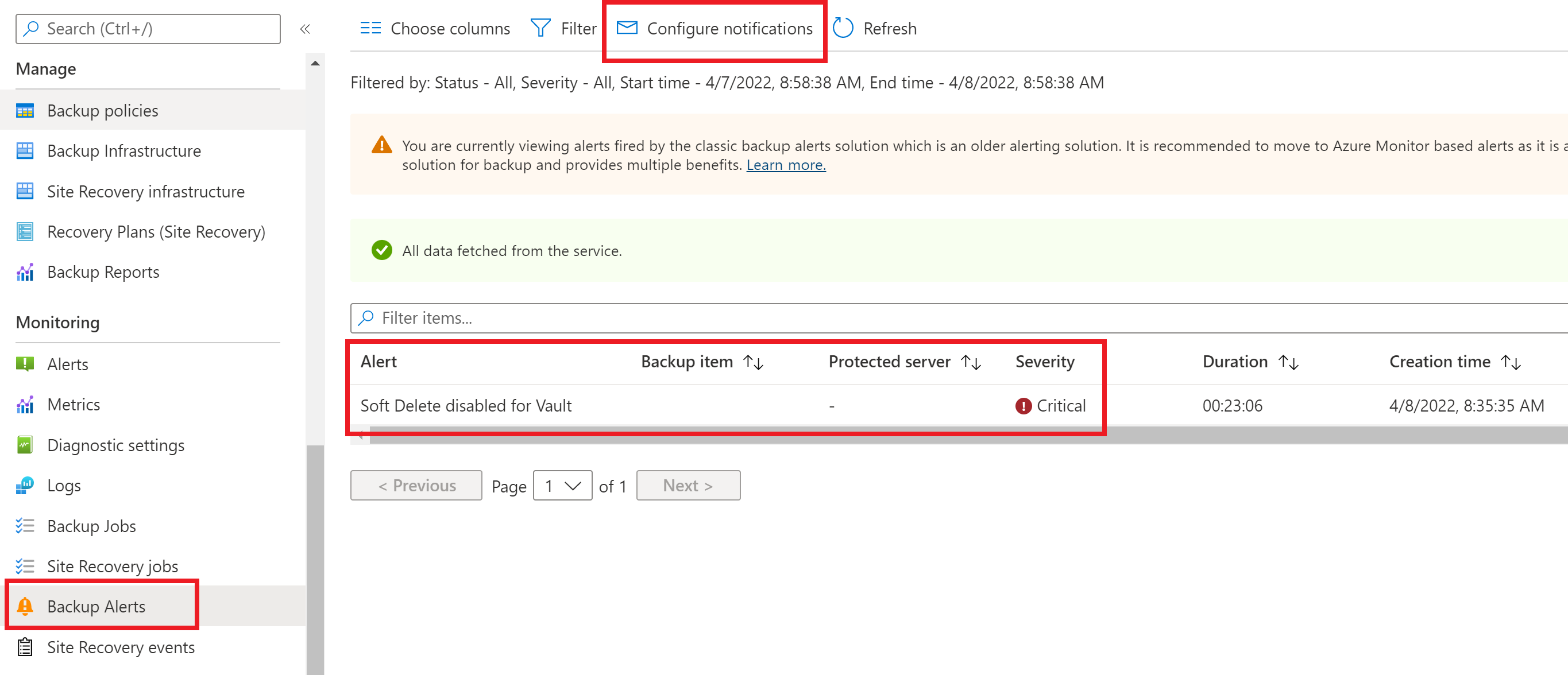 Alert For Disabling Soft Delete Feature Capture Soft Delete Disabled