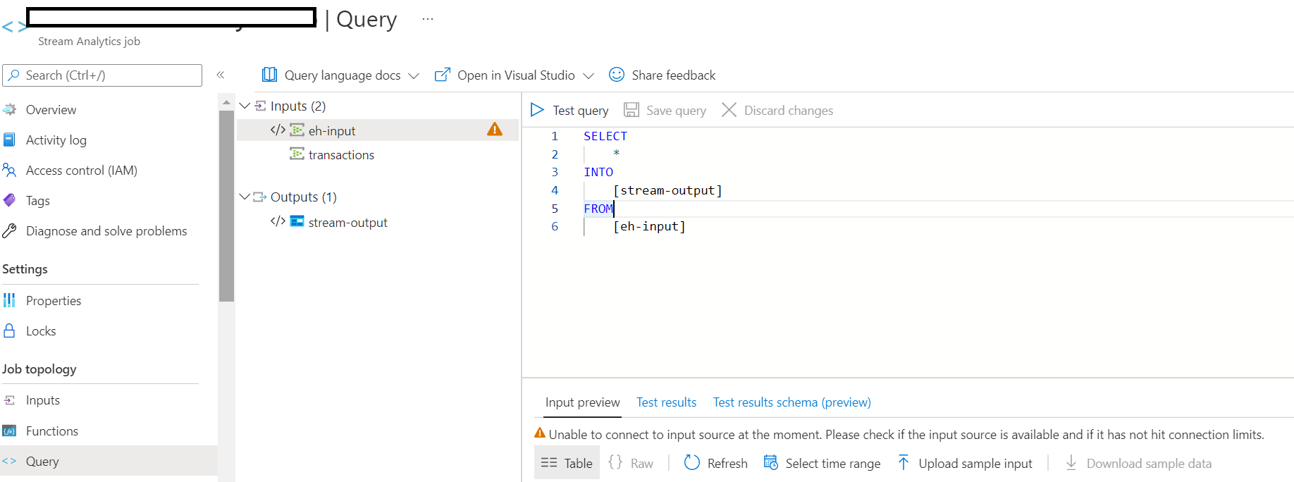 Stream Analytics Query UI portal: Unable to connect to input source at ... Stream Analytics Query UI portal: Unable to connect to input source at ...