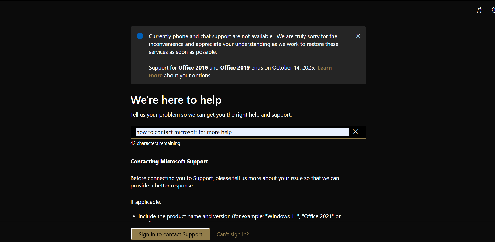 Can't sign in to contact support on get help app or support.microsoft.com. - Microsoft Q&A