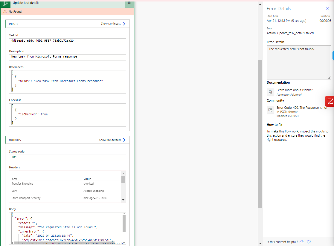 Planner task when a Microsoft Forms is submitted- how to resolve error ...