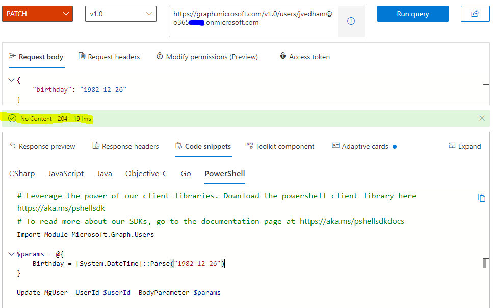 Update birthday and employeeHireDate using microsoft-graph powershell ...
