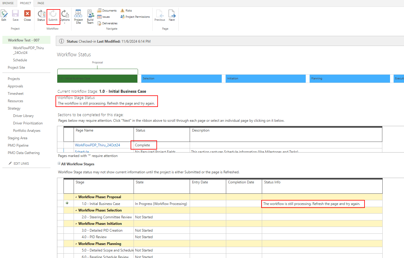 'Submit' button is greyed out on project online and the workflow is ...