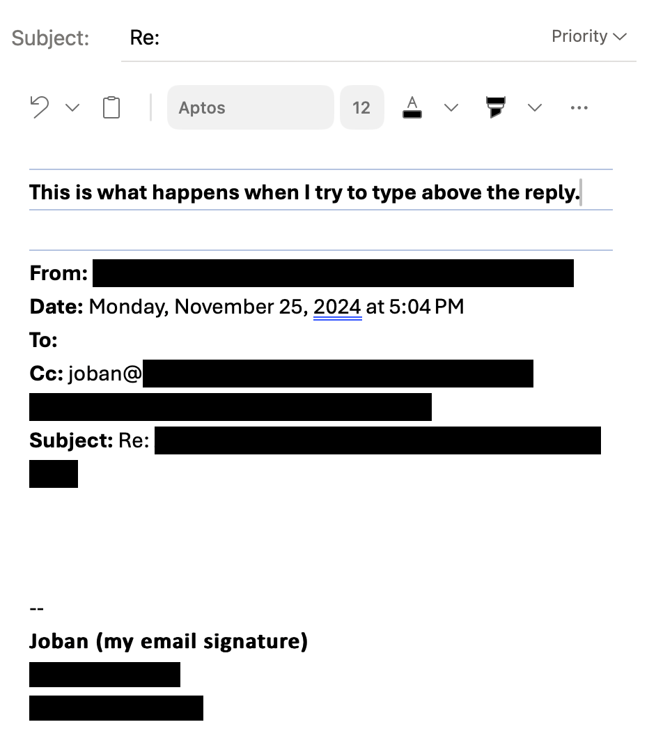 Cannot type reply above previous email - Microsoft Q&A