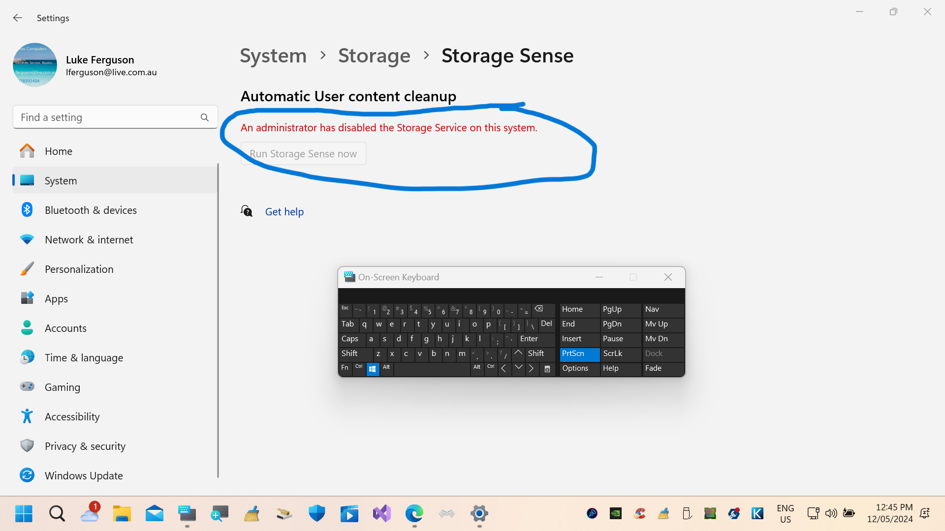 On my windows pc my storage sense is not working refer to screenshot ...