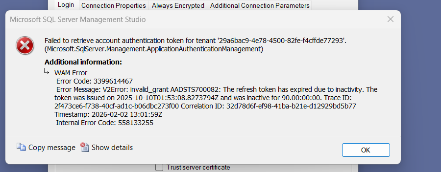 Unable to connect to my Azure database - Your refresh token has expired ...