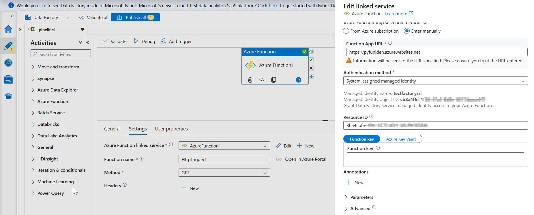 Authentication Failure: ADF Function Linked Service to Azure Function App Using System-Assigned ...