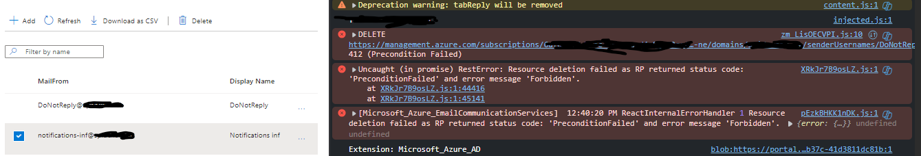 Error deploying or manually deleting Microsoft.Communication/emailServices/ /domains ...