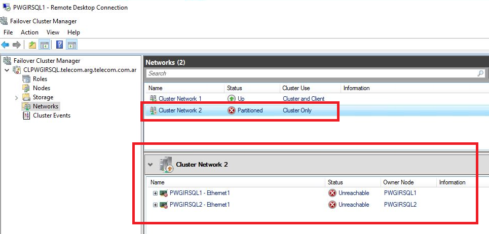 Cluster Network 2 Partitioned - Microsoft Q&A
