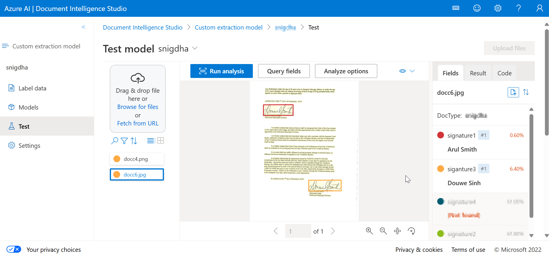 Multiple signature fields in Azure Document Intelligence leading to internal server errors ...