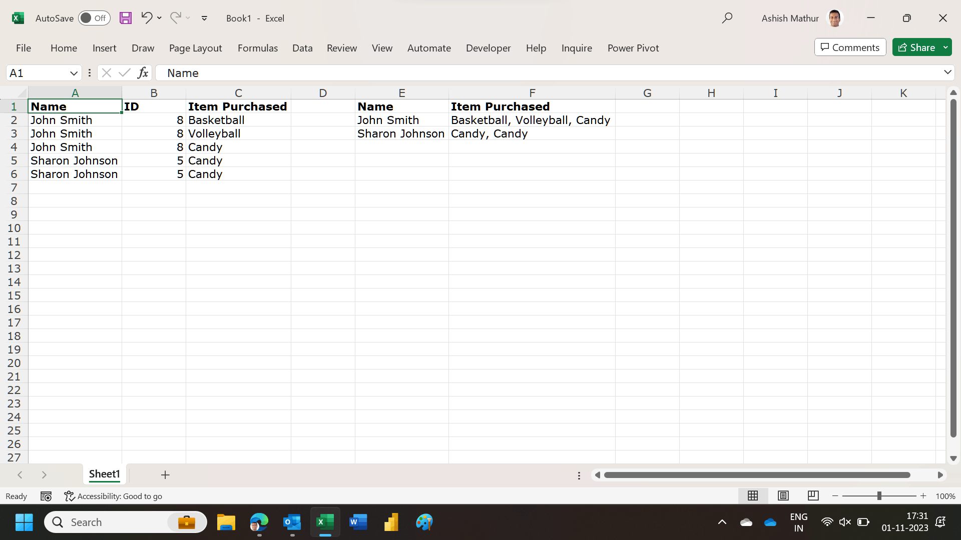Creating a label from rows and columns with the same purchasers name ...
