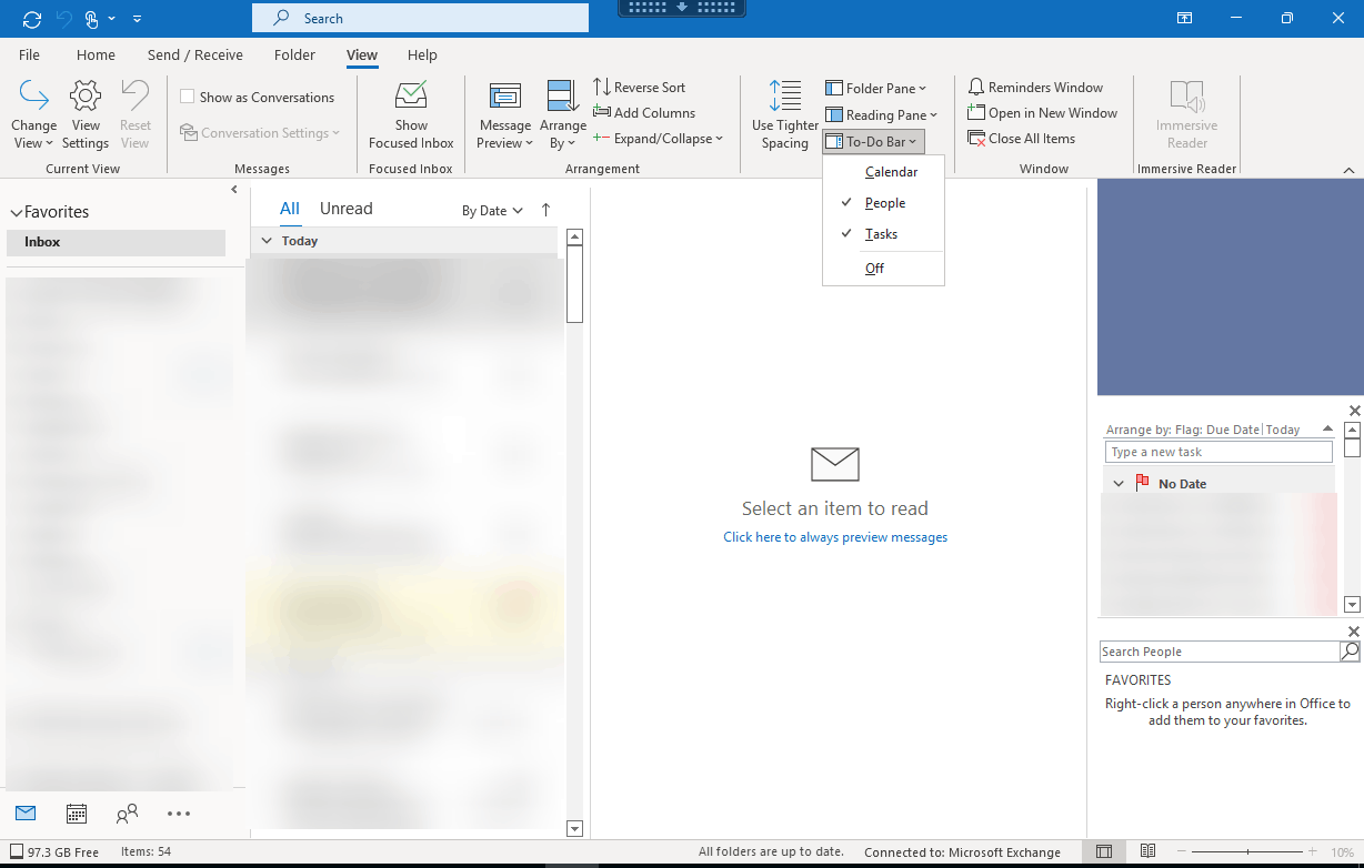 Outlook - blank box/panel on right-hand side of application, above to ...