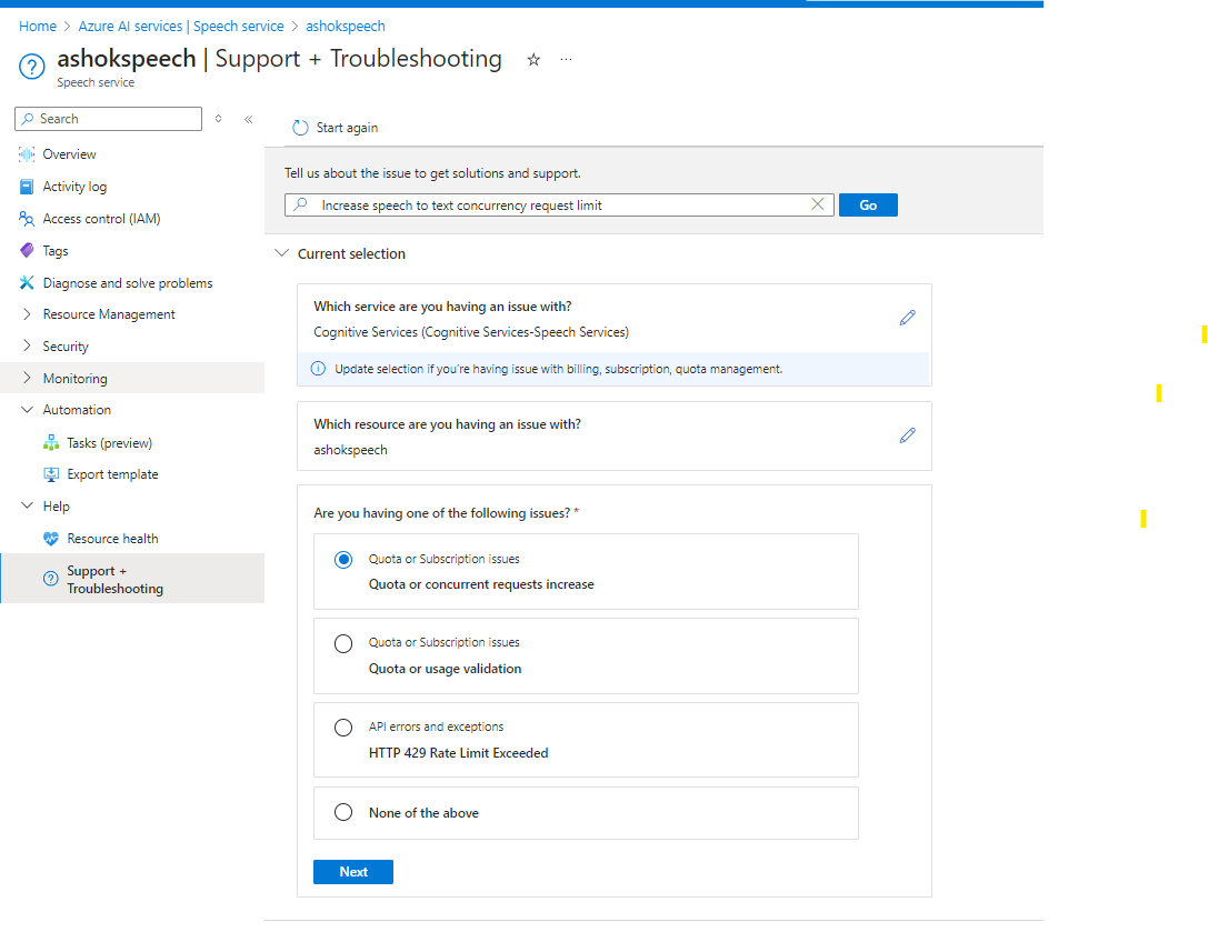 I can't create a simple support ticket to increase my text to speech concurrency request limit ...