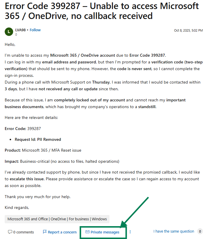 Error Code 399287 – Unable to access Microsoft 365 / OneDrive, no callback received - Microsoft Q&A