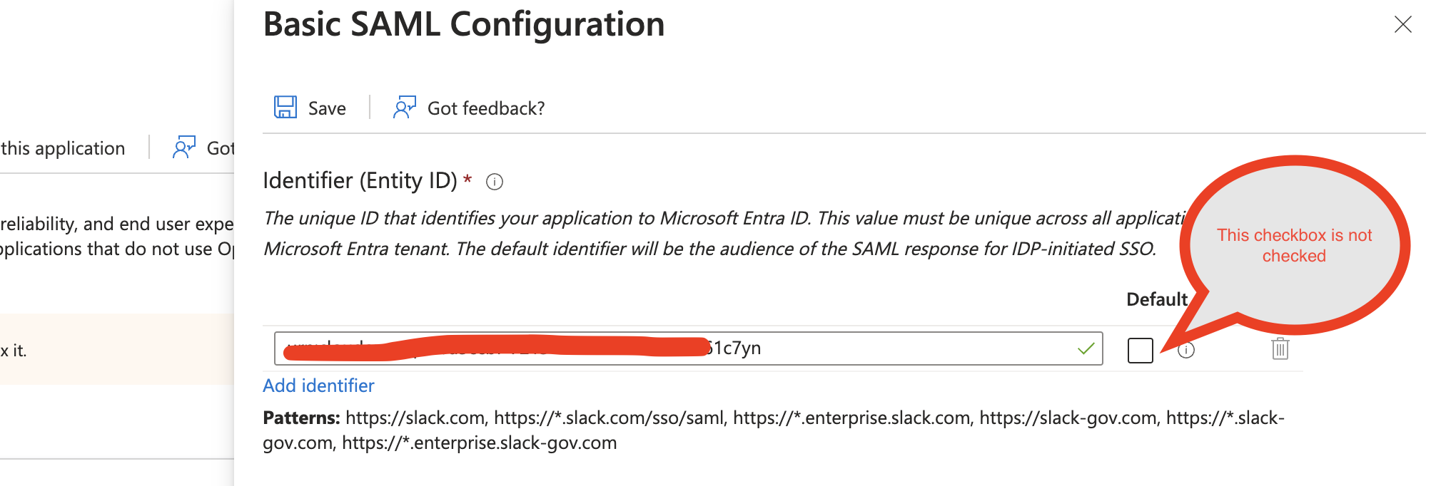 Updating the identifieruri for Entra ID SAML SSO app does not select it as default - Microsoft Q&A