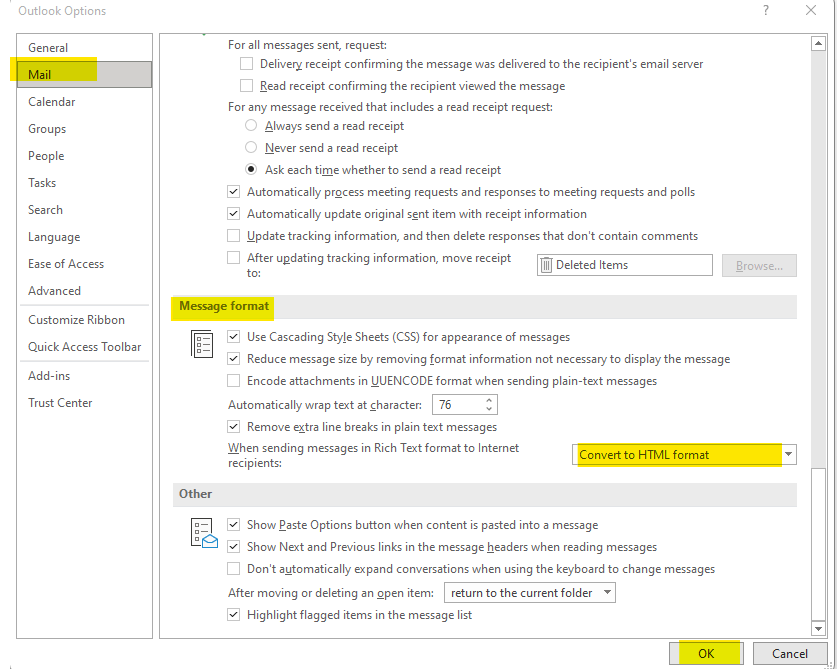 OUTLOOK2019 -> WHY CONVERT FORMAT "RTF"? - Microsoft Q&A
