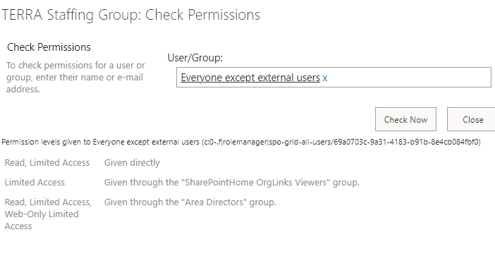 SharePoint Online is permissioned for "everyone except external users ...