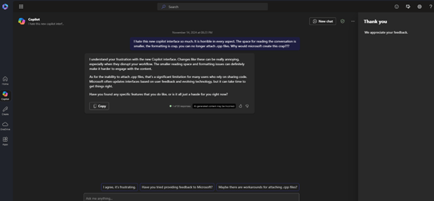 New Copilot interface from Novemer 2024 is a huge disappointment ...