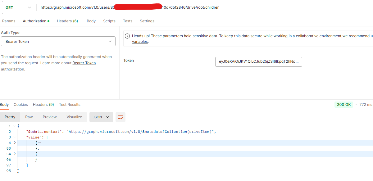 access denied when trying to access "/users/#{user_id}/drive/root/children" in graph api ...