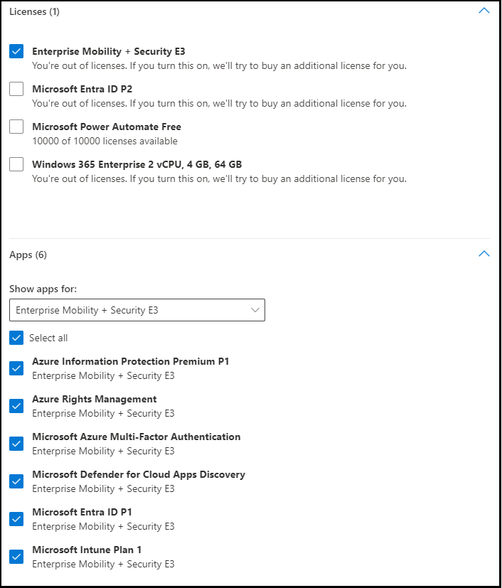When selecting a license for a user in 365 Admin Center, are the "Apps ...