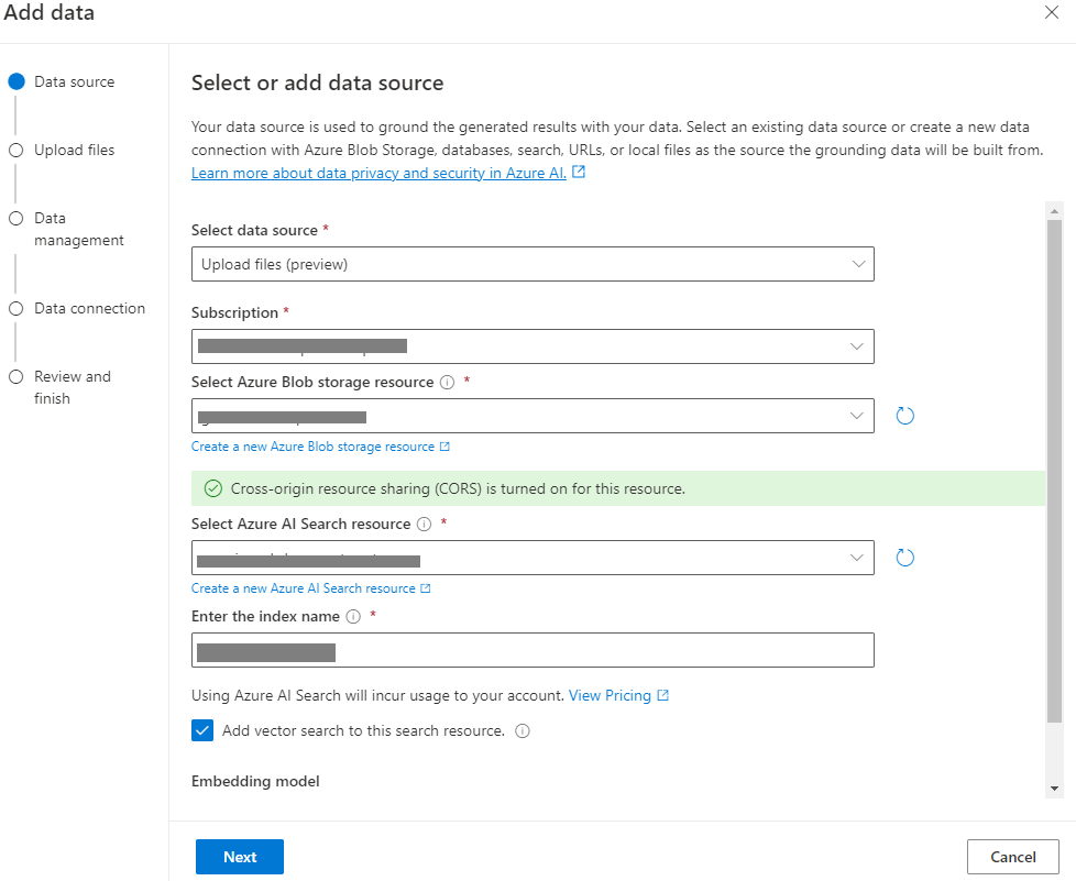 Azure OpenAI Chat Playground: "We couldn't connect your data An unexpected error occurred while ...