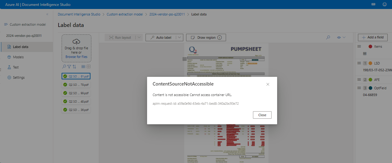 ContentSourceNotAccessible: Content is not accessible: Cannot access container URL. - Microsoft Q&A