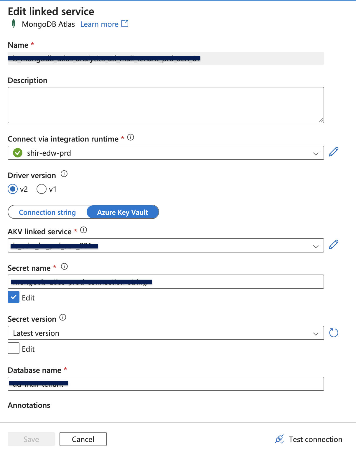 Parameterize MongoDB linked service Database Name in ADF - Microsoft Q&A