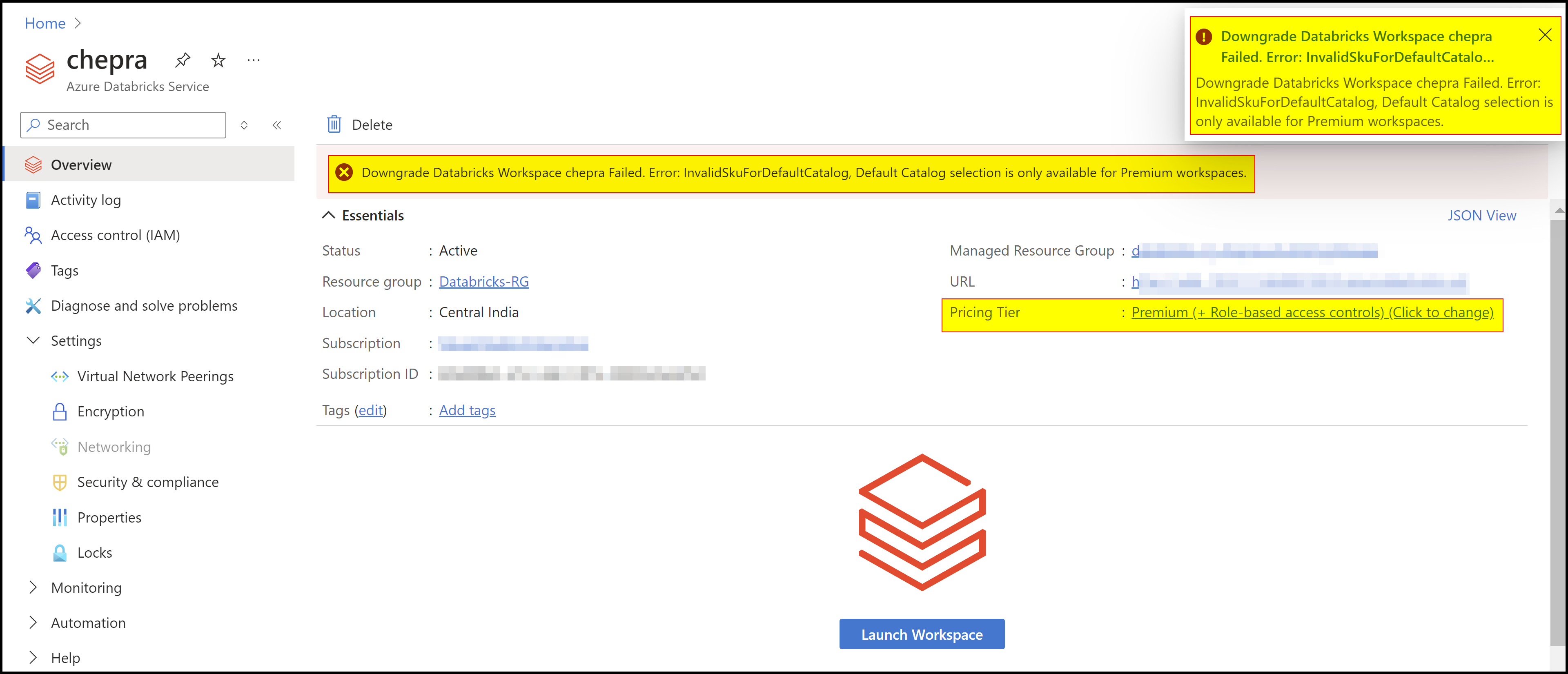 how to downgrade pricing tier from Premium (+ Role-based access controls) (Click to change) to ...