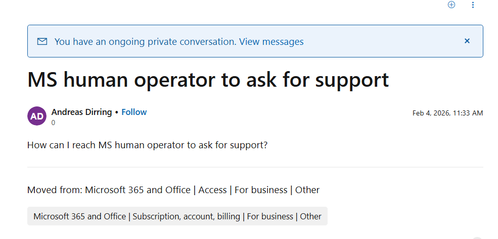 MS human operator to ask for support - Microsoft Q&A