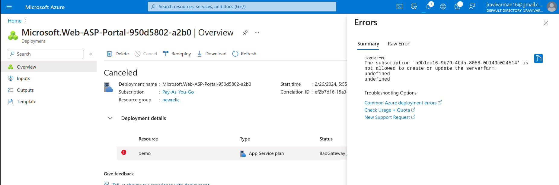 unable to create a app service plan on pay-as-you- subscription method ...