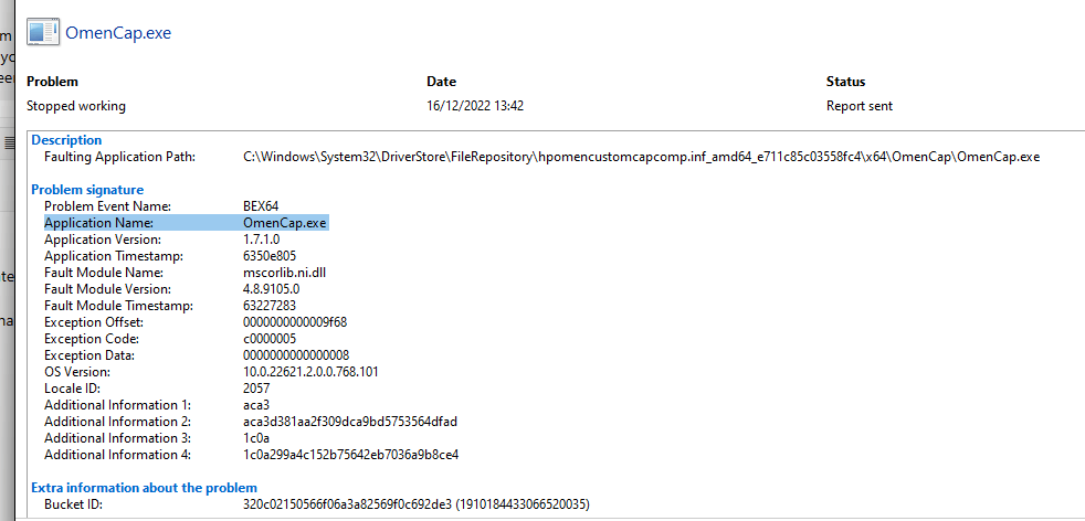 OmenCap.exe BEX64 Critical Event - Microsoft Q&A