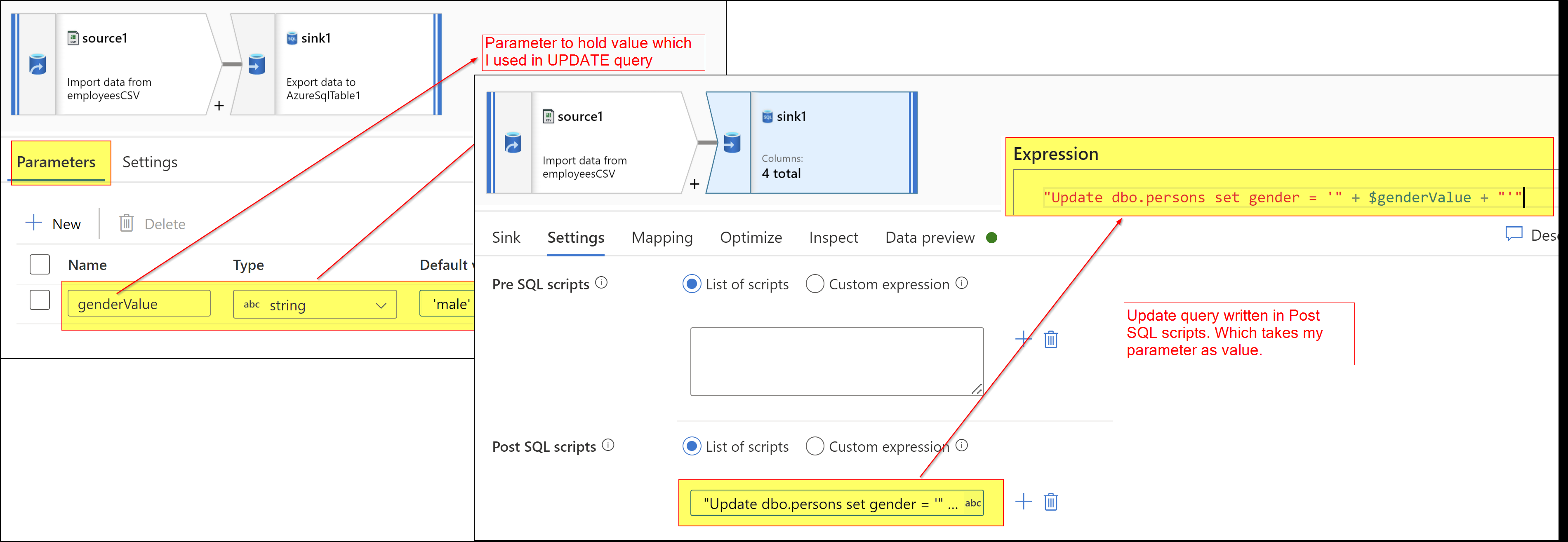 Insert Value via Visual Expression by Passing the Parameter ADF - Microsoft Q&A