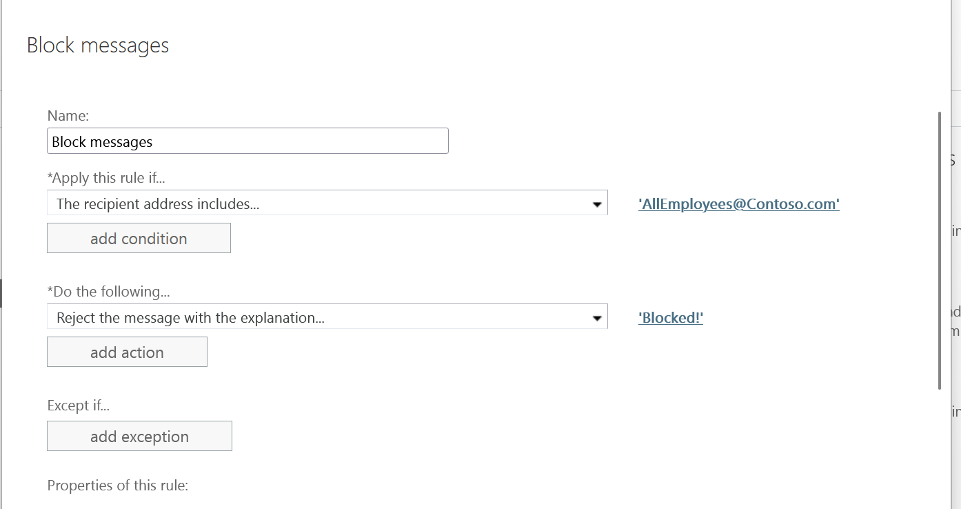 Creating transport rule to block emails sent to a Mail enabled security ...