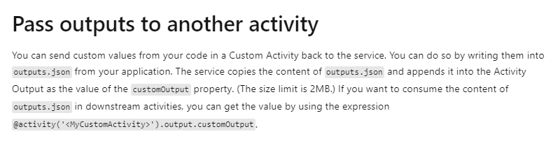 How to pass outputs to another activity from a Custom Activity in an Azure Data Factory pipeline ...