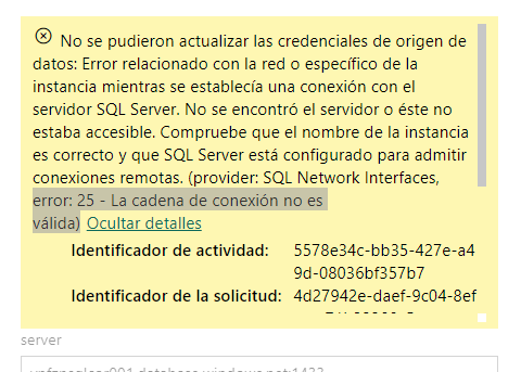 error: 25 - La cadena de conexión no es válida - Conexion SQL Azure ...